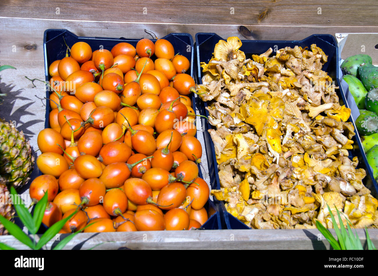 Tamarillo and chanterelle in plastic boxes on a stall outdoors for sale ...