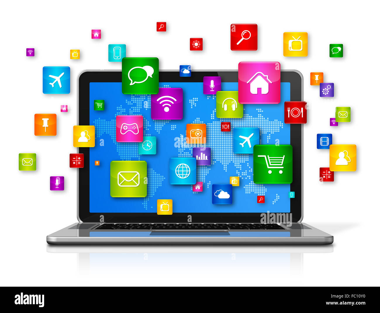 Laptop Computer and flying apps icons Stock Photo - Alamy