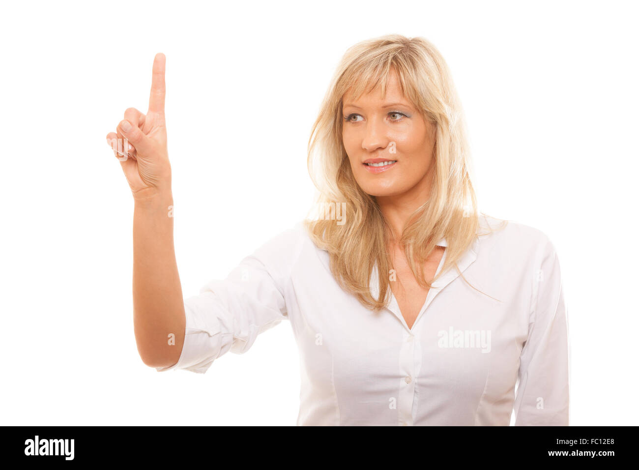 woman working with imaginary virtual screen Stock Photo - Alamy