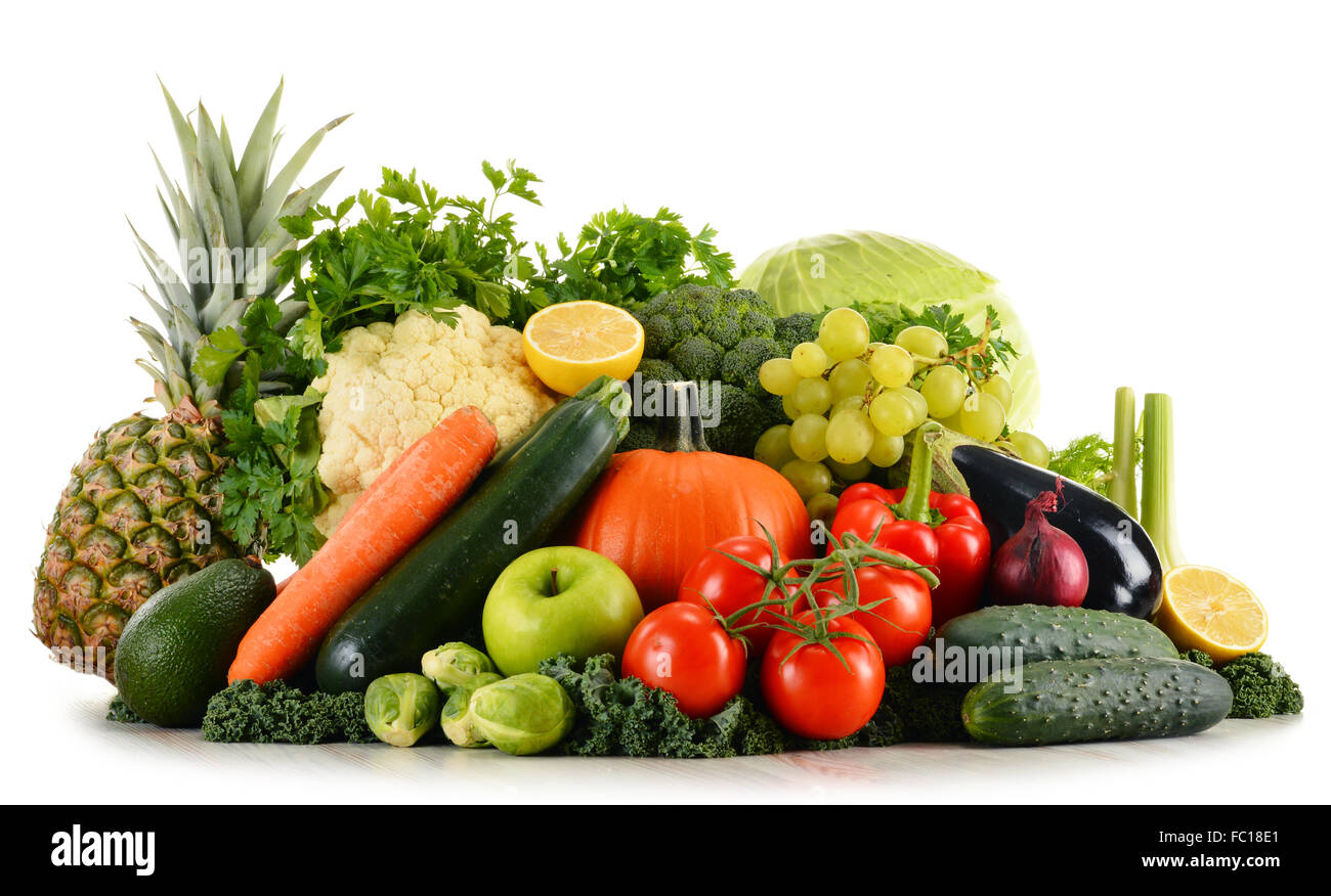 Composition with assorted raw organic vegetables isolated on white ...