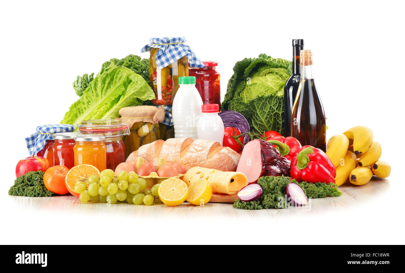 Composition with variety of grocery products isolated on white Stock ...