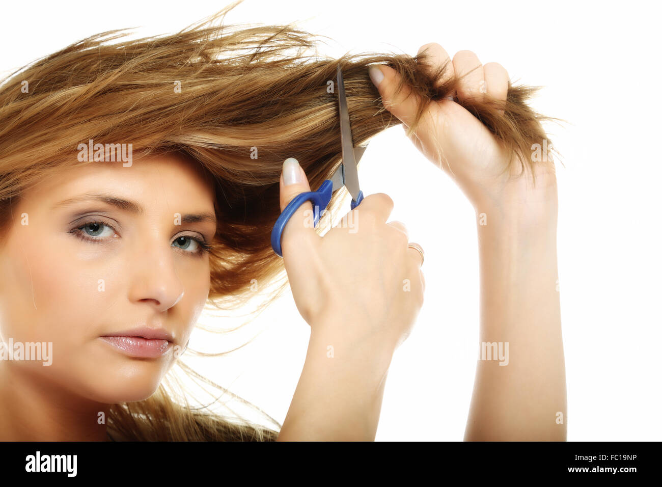 Cutting hair scissors unhappy hi-res stock photography and images - Alamy