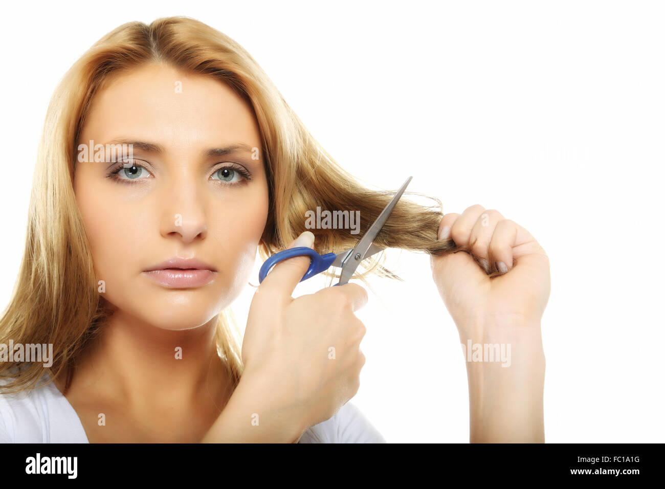 Cutting hair scissors unhappy hi-res stock photography and images - Alamy