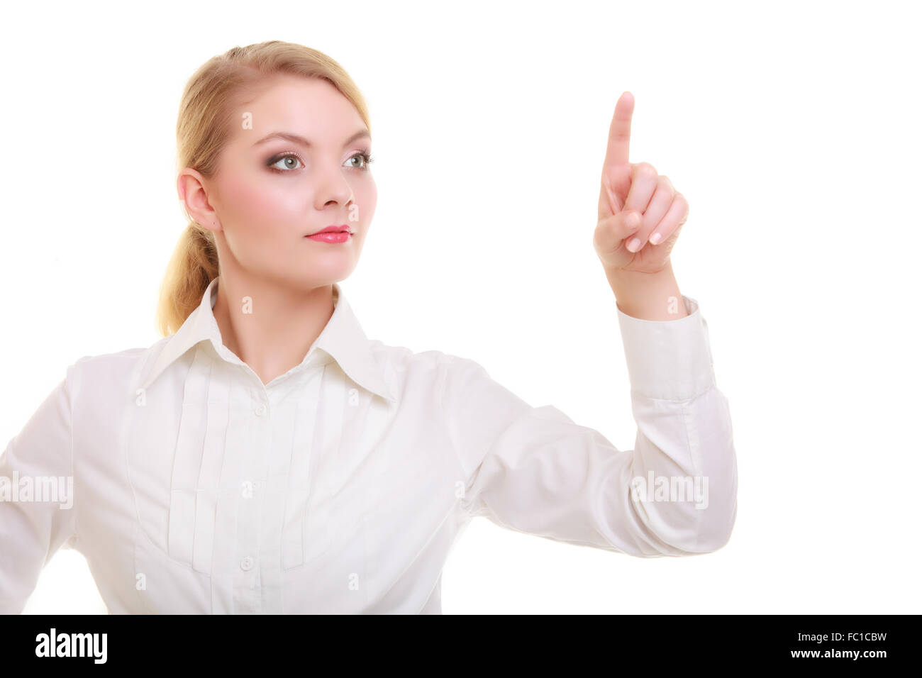 Business woman pressing button or pointing isolated Stock Photo - Alamy Business woman pressing button or pointing isolated Stock Photo - Alamy