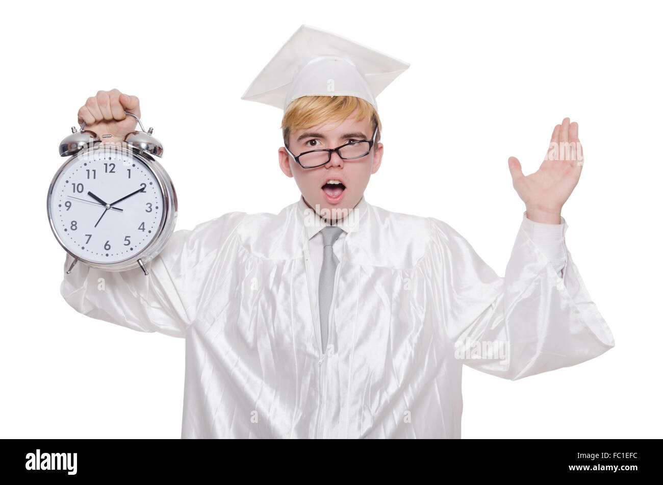 Student missing his deadlines with clock on white Stock Photo - Alamy