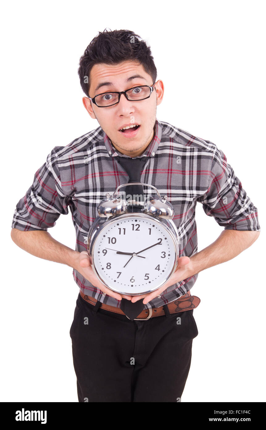Man with clock trying to meet the deadline isolated on white Stock ...