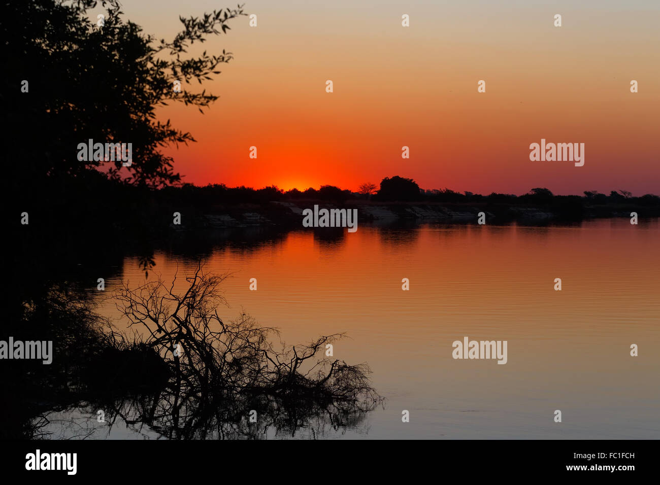 African sunset on Zambezi river, Caprivi strip region, Namibia Stock ...