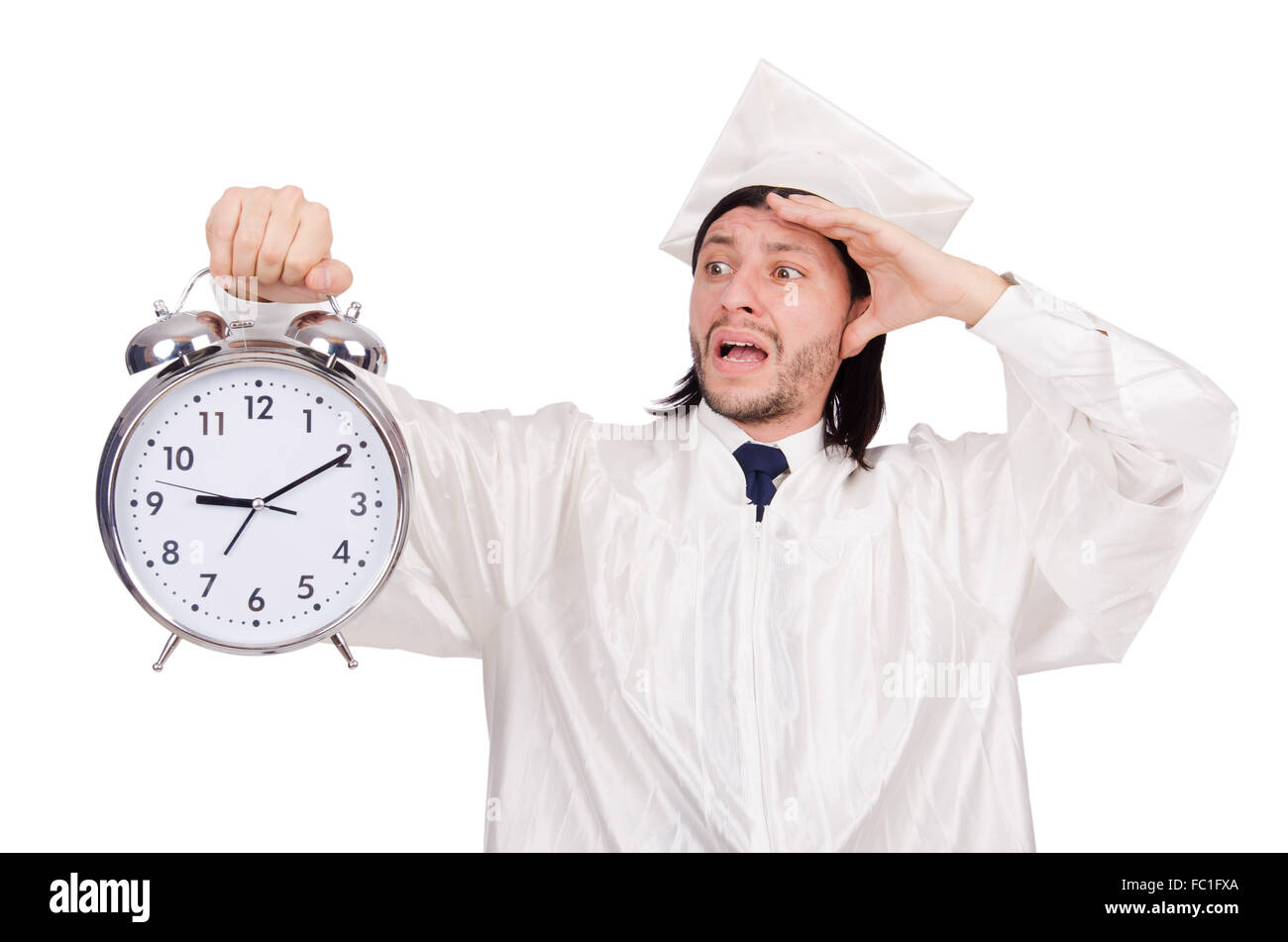Student missing his deadlines with clock on white Stock Photo - Alamy