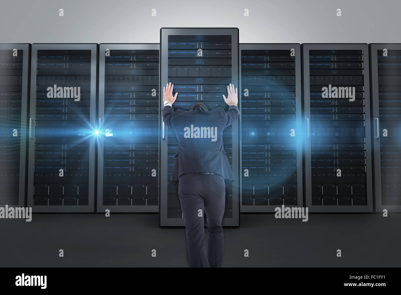 Composite image of businessman standing and pushing with hands Stock ...