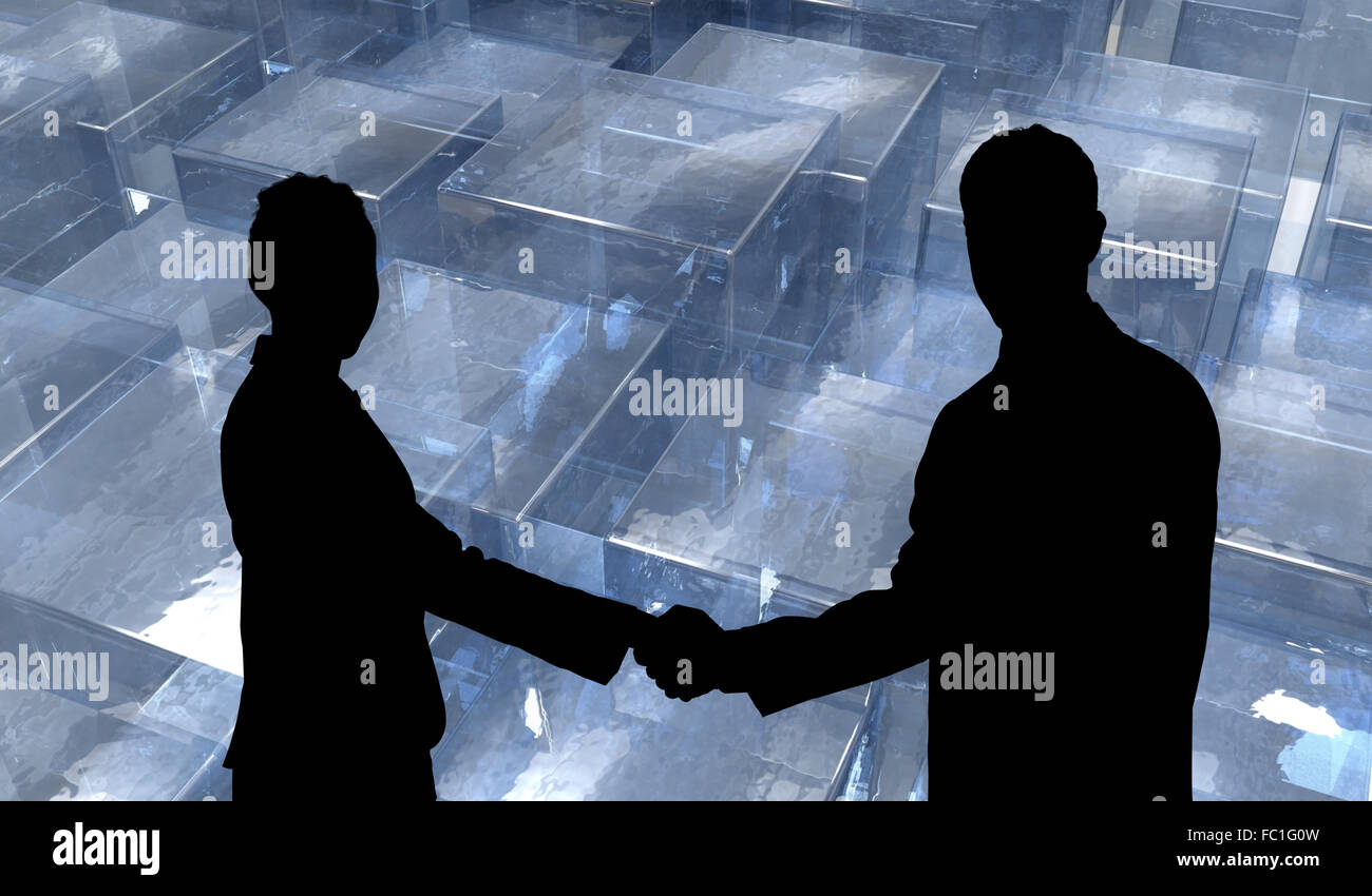 Composite image of smiling business people shaking hands while looking ...