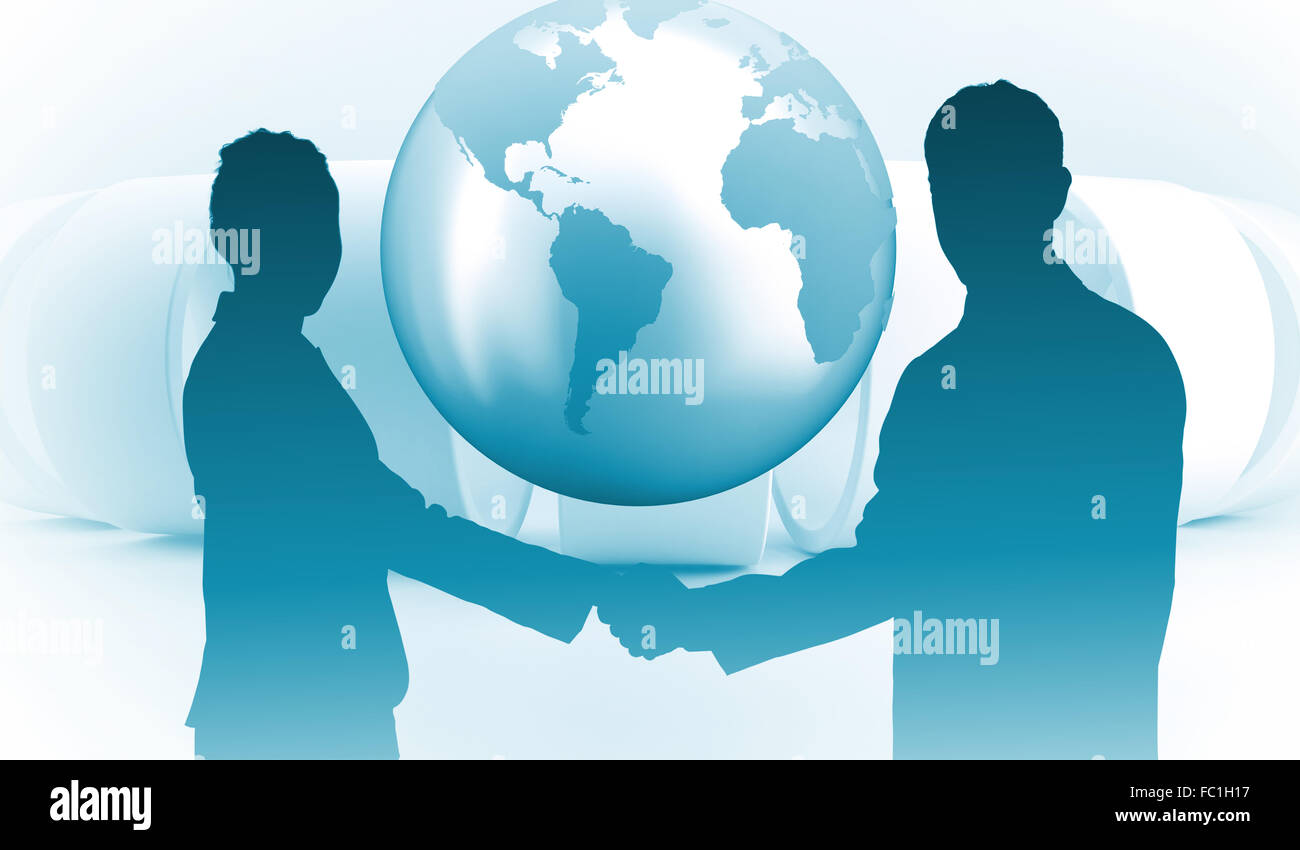 Composite image of smiling business people shaking hands while looking ...
