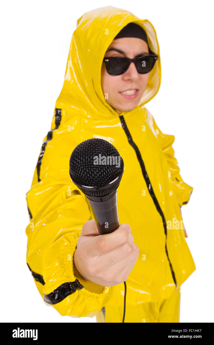 Funny performer with mic isolated on the white Stock Photo - Alamy