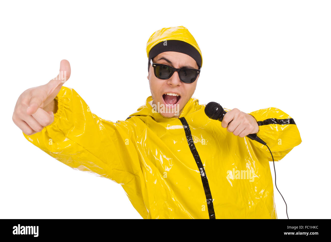 Funny performer with mic isolated on the white Stock Photo - Alamy