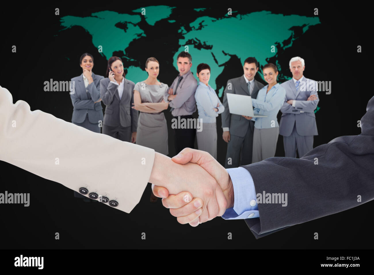 Composite image of smiling business people shaking hands while looking ...