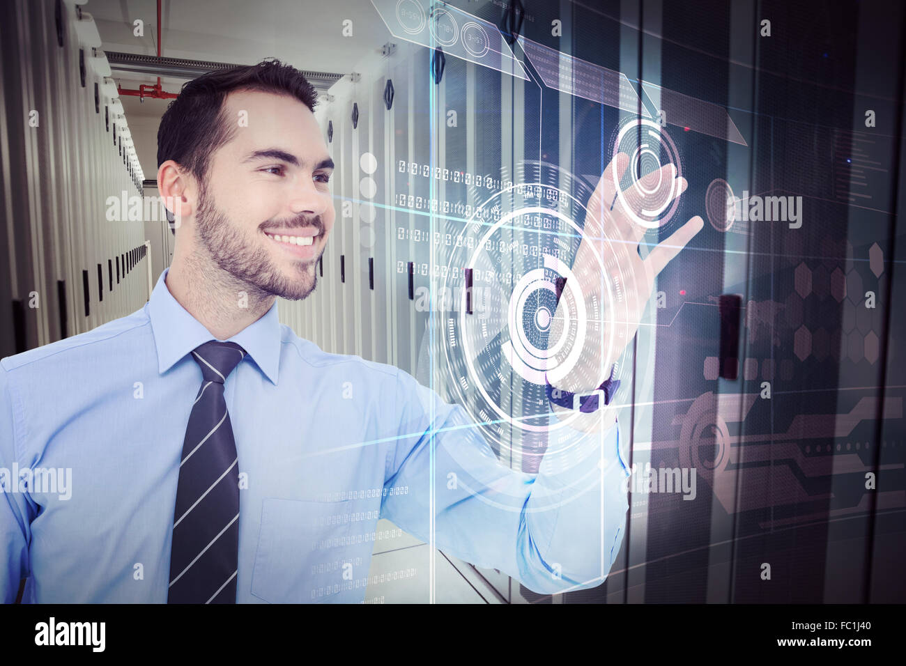 Composite image of happy businessman catching something with his hand ...