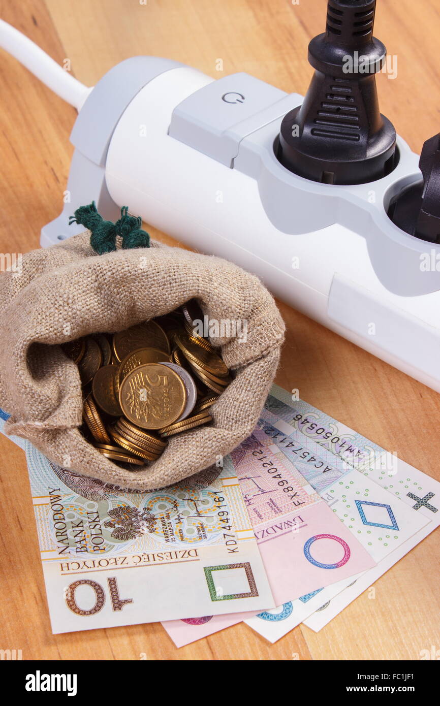 Electrical power strip with connected plug and polish currency money on ...