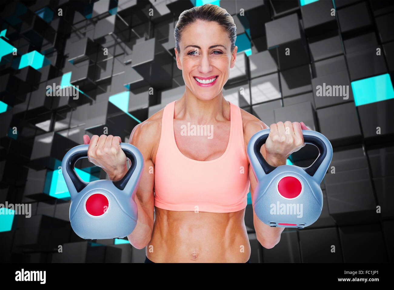 Composite image of smiling female crossfitter lifting kettlebells Stock ...