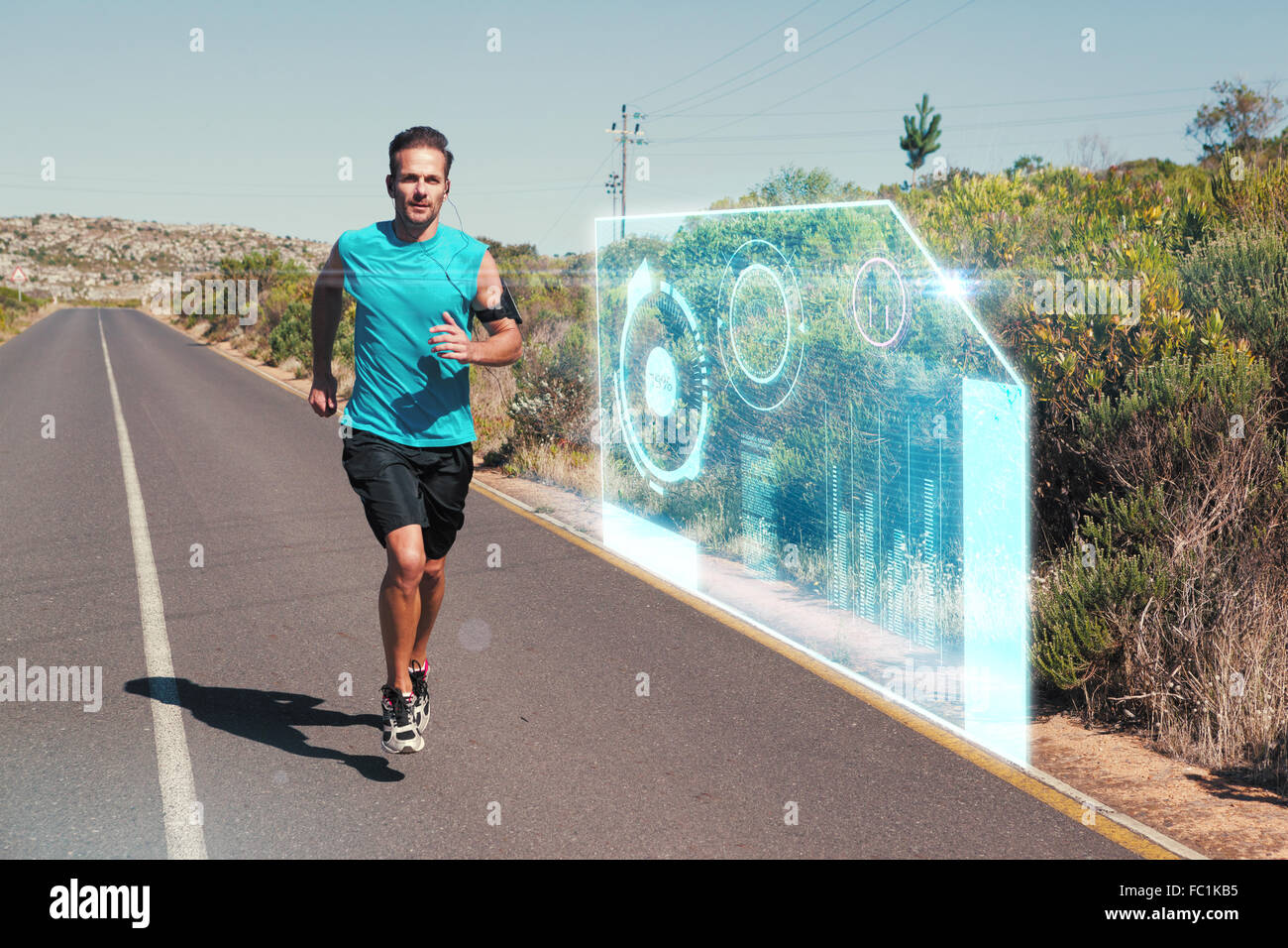Composite image of athletic man jogging on open road Stock Photo - Alamy