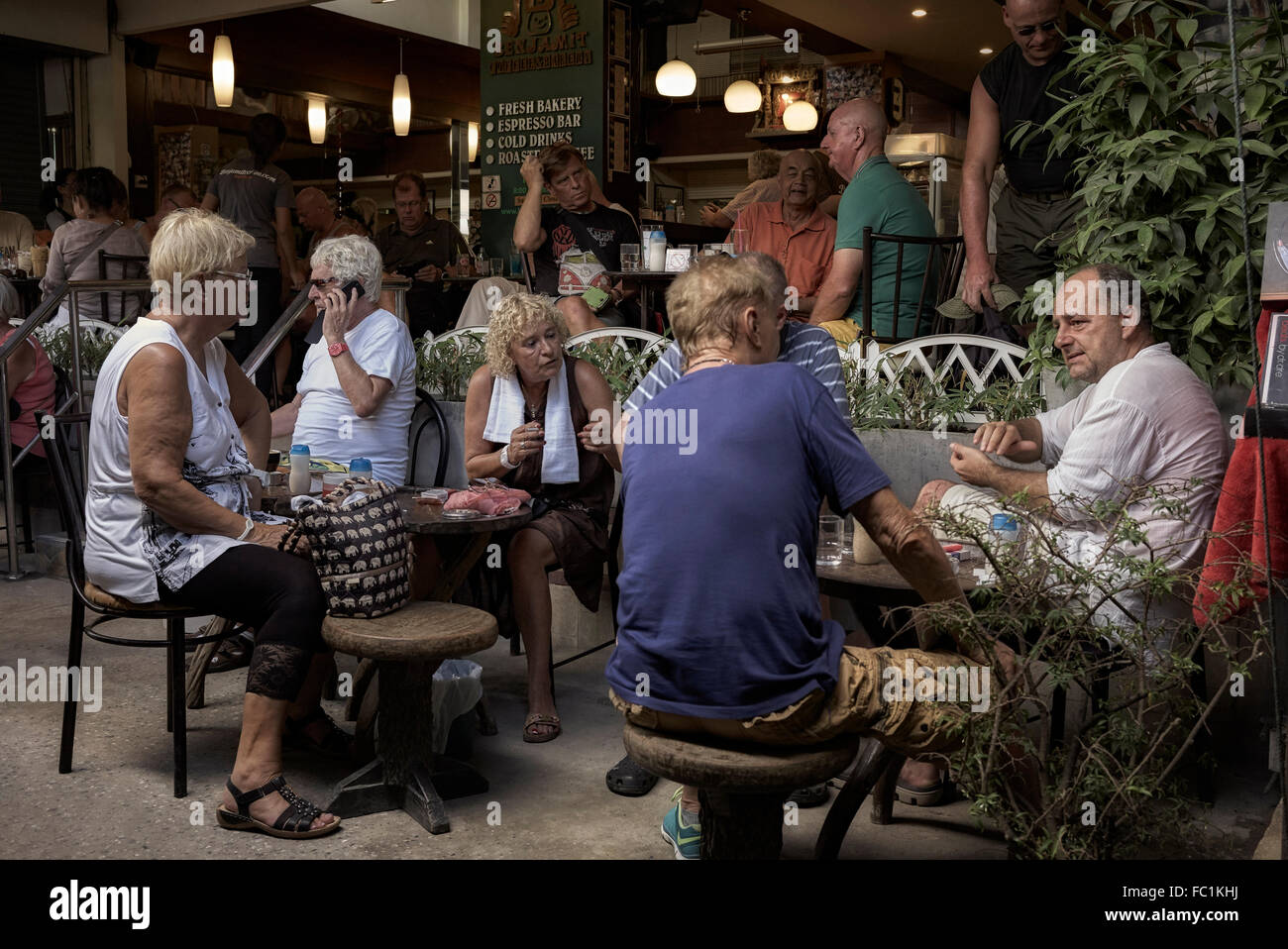 Street cafe people. Coffee shop with people drinking and talking at ...