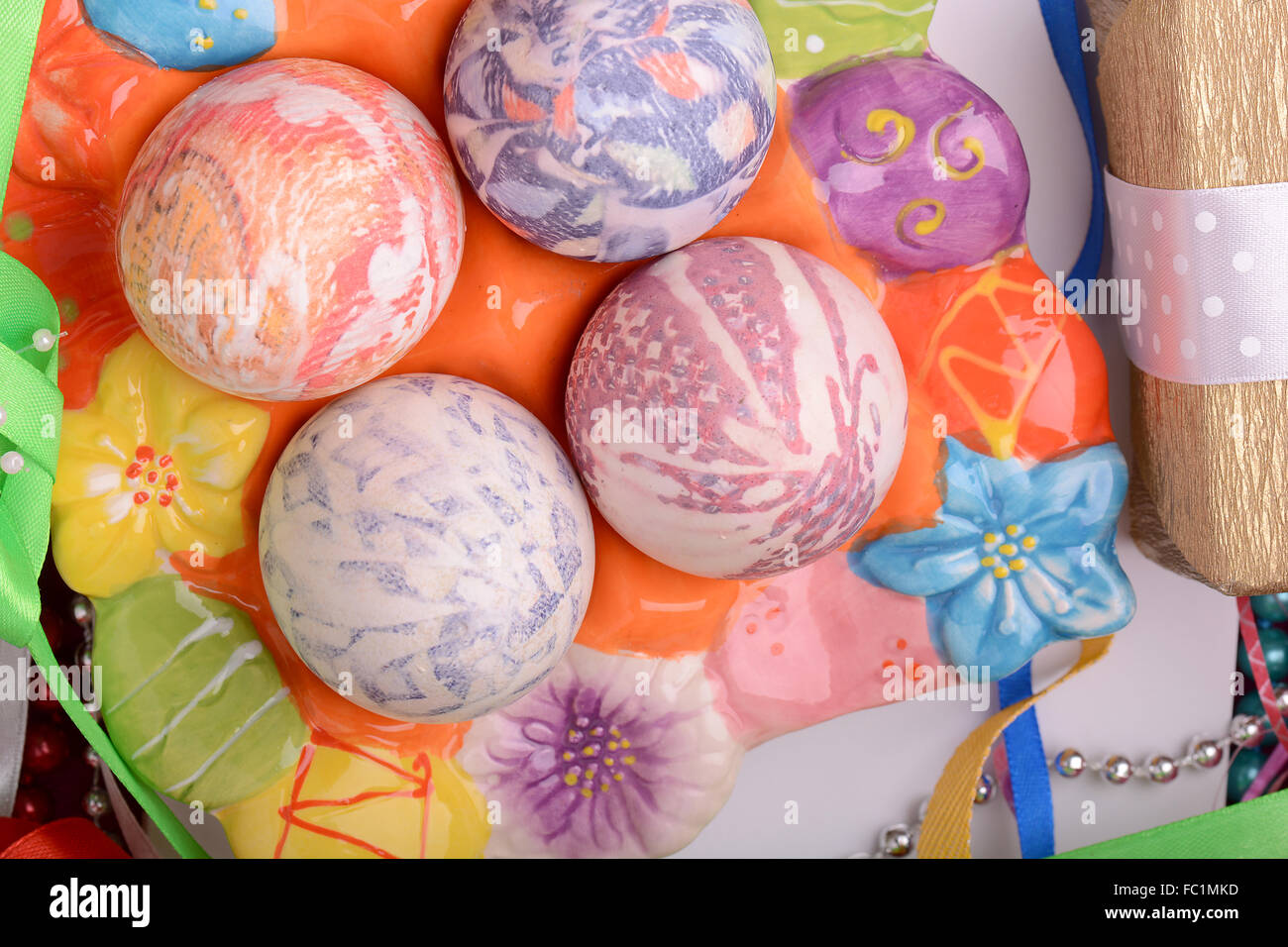 Easter background with eggs and gift box Stock Photo - Alamy