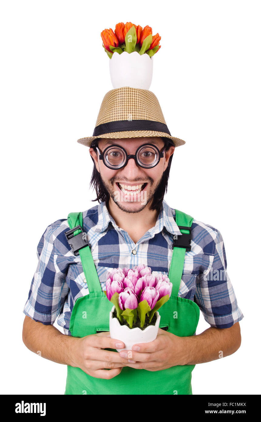 Young funny gardener with tulips isolated oin white Stock Photo - Alamy