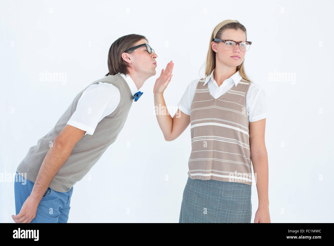 Geeky hipster making a stop sign to her boyfriend Stock Photo - Alamy