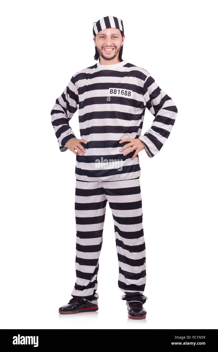 Convict criminal in striped uniform isolated on white Stock Photo - Alamy