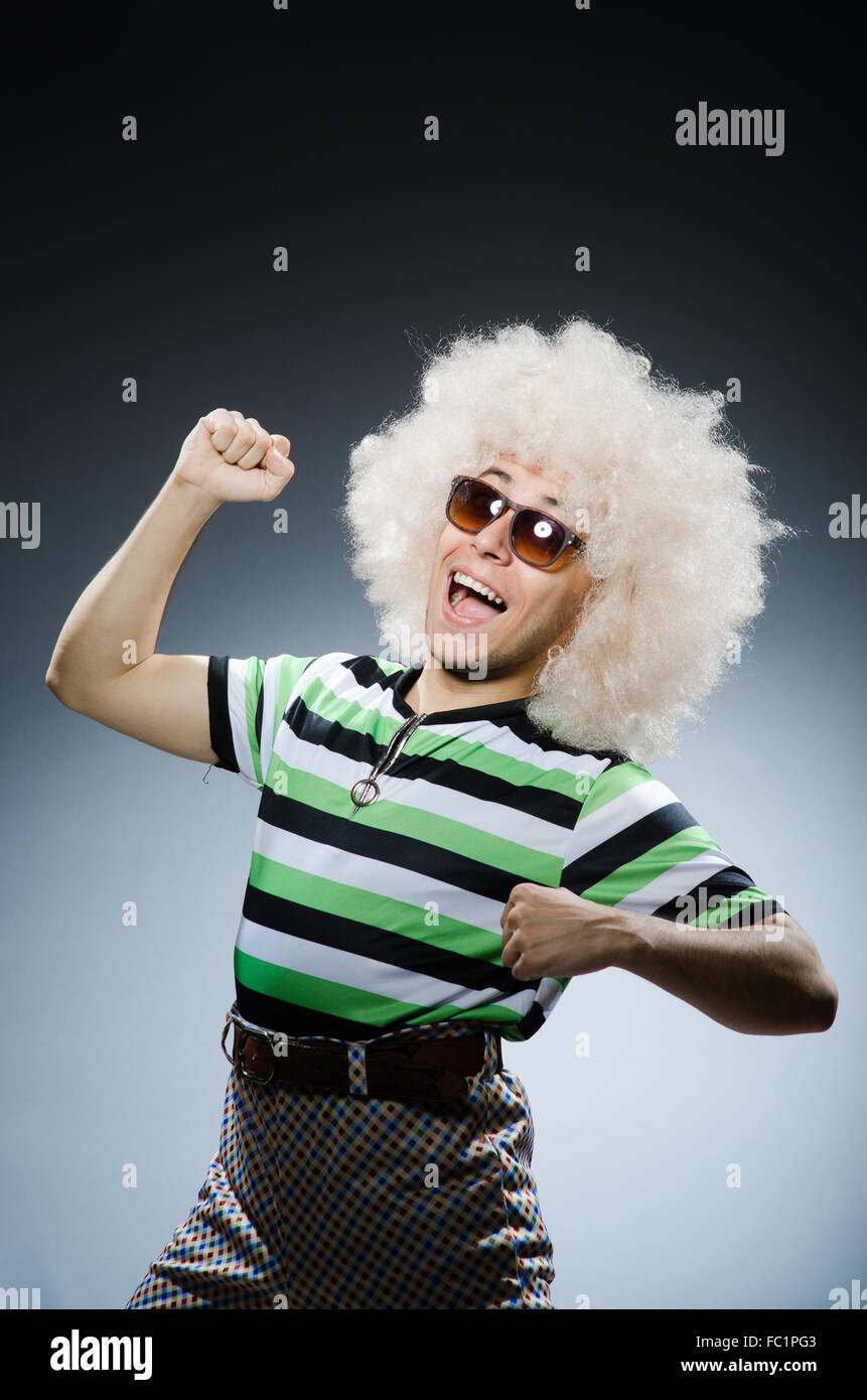 Funny man with afro hairstyle isolated on white Stock Photo - Alamy