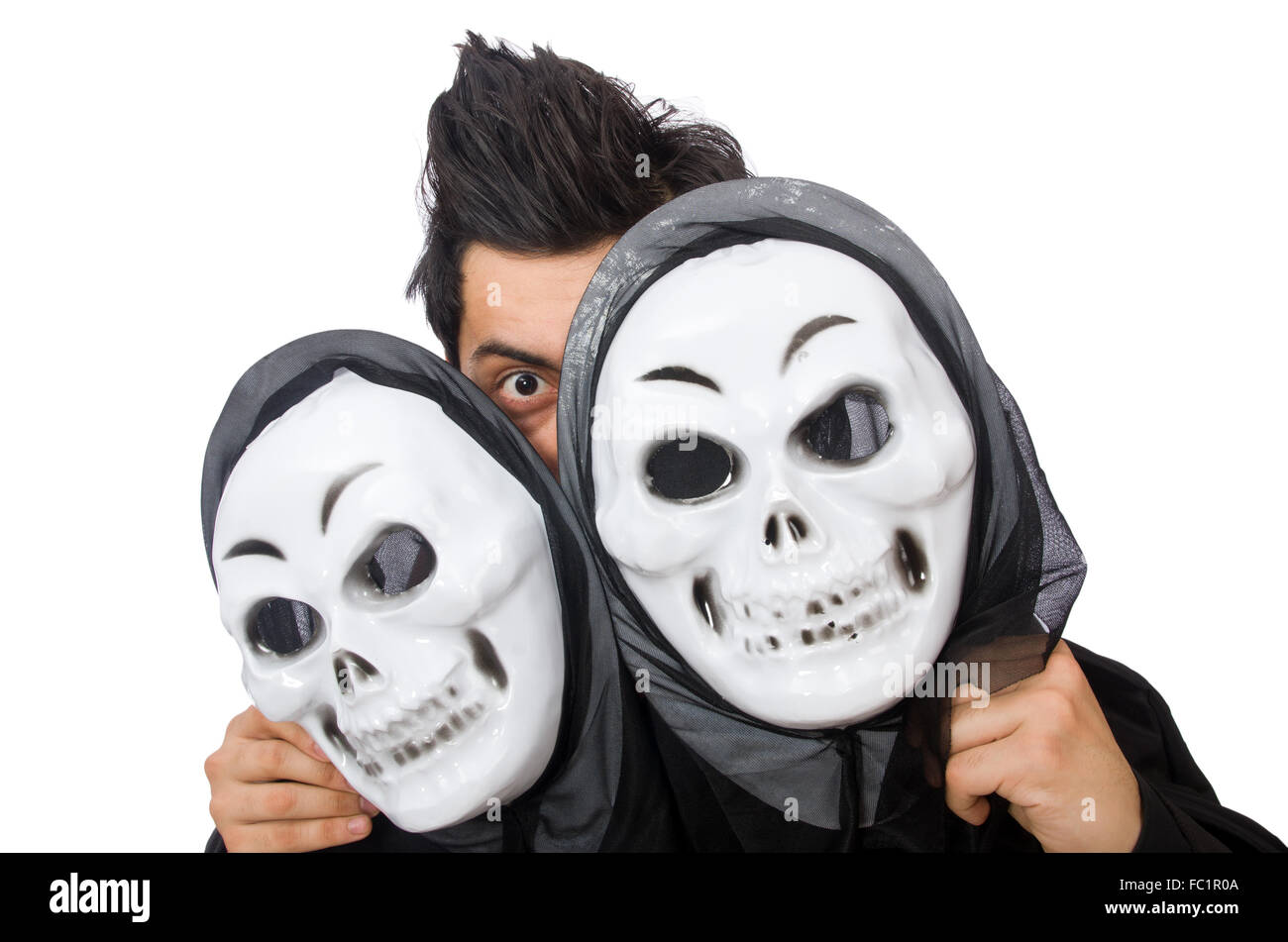 Man in horror costume with mask isolated on white Stock Photo - Alamy