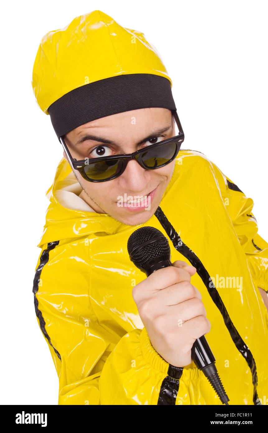 Funny performer with mic isolated on the white Stock Photo - Alamy