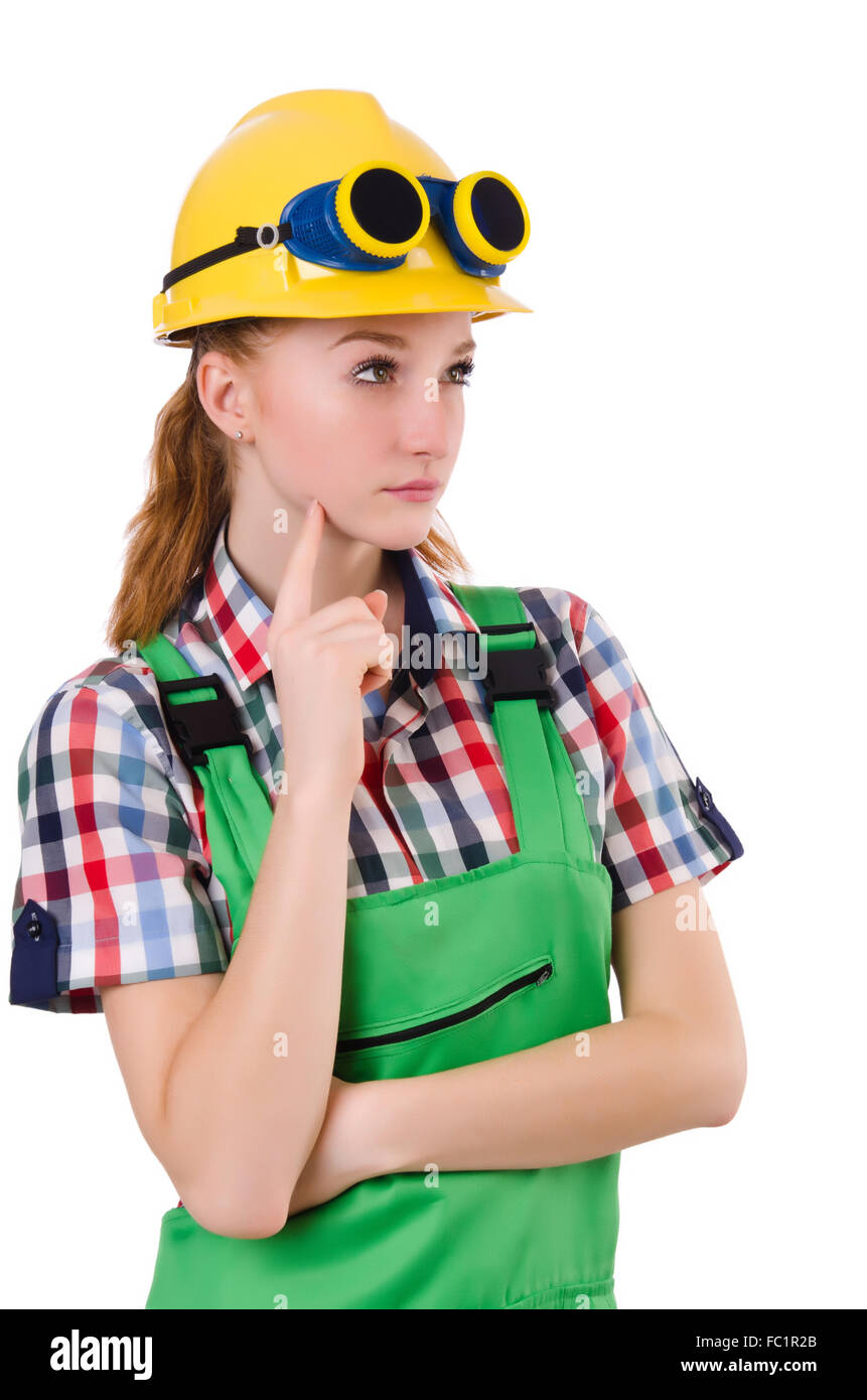 Female handyman in overalls isolated on white Stock Photo - Alamy