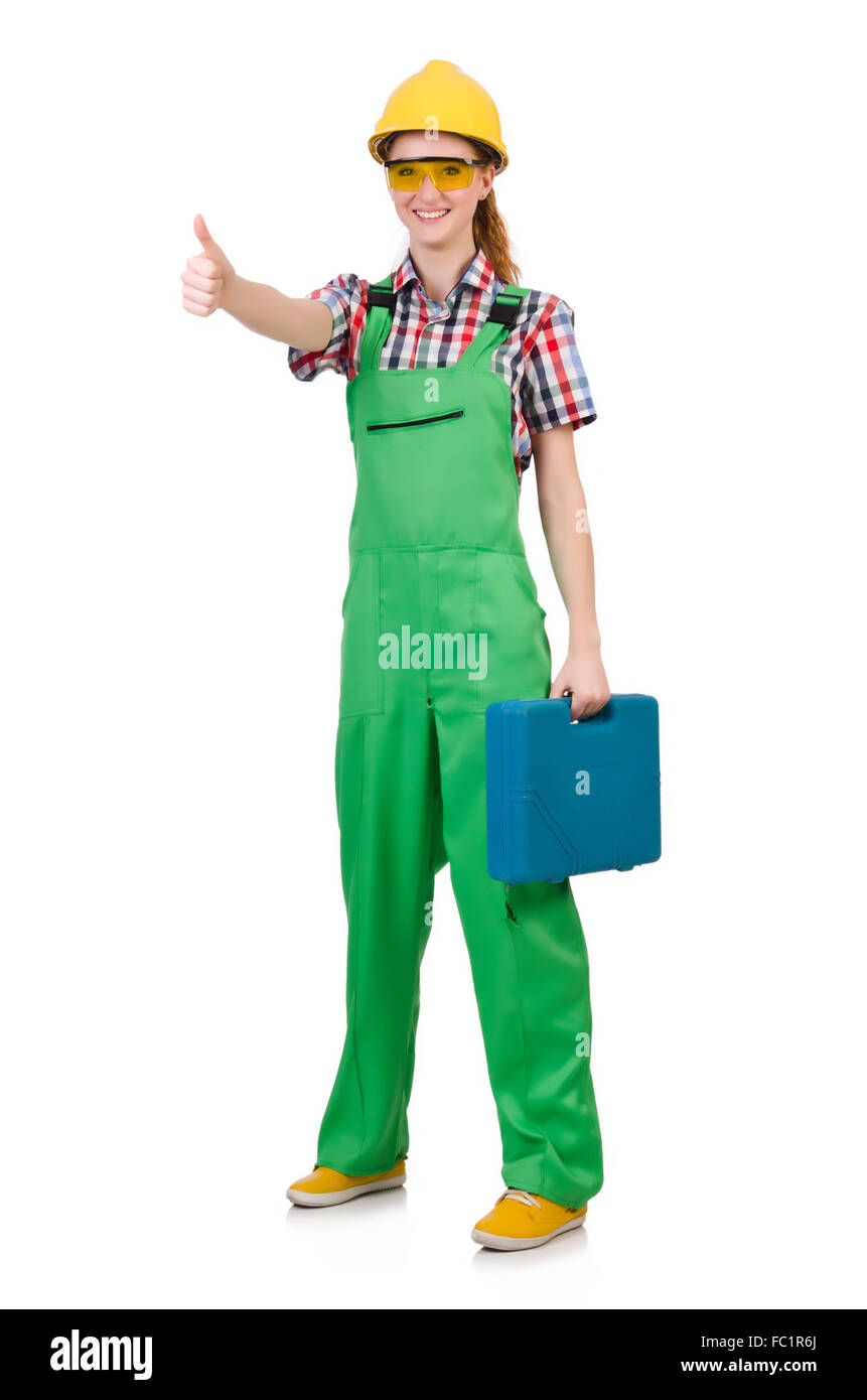 Female handyman in overalls isolated on white Stock Photo - Alamy