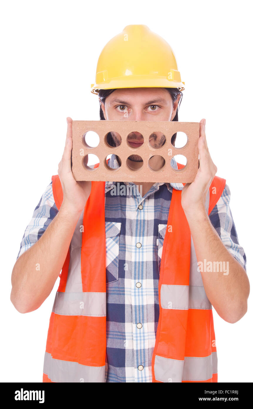 Young bricklayer with brick isolated on white Stock Photo - Alamy