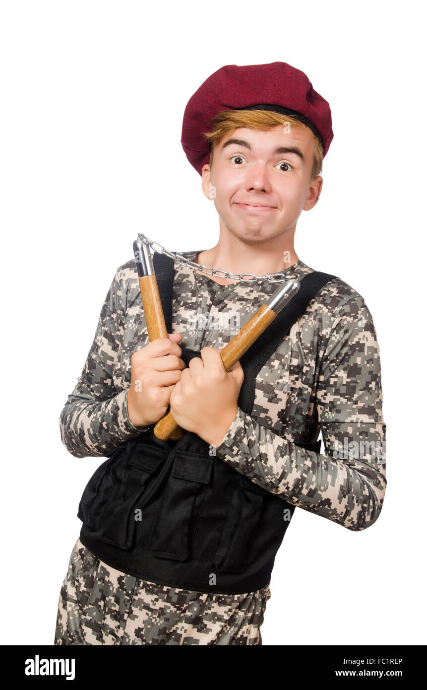 Funny soldier in military concept isolated on the white Stock Photo - Alamy