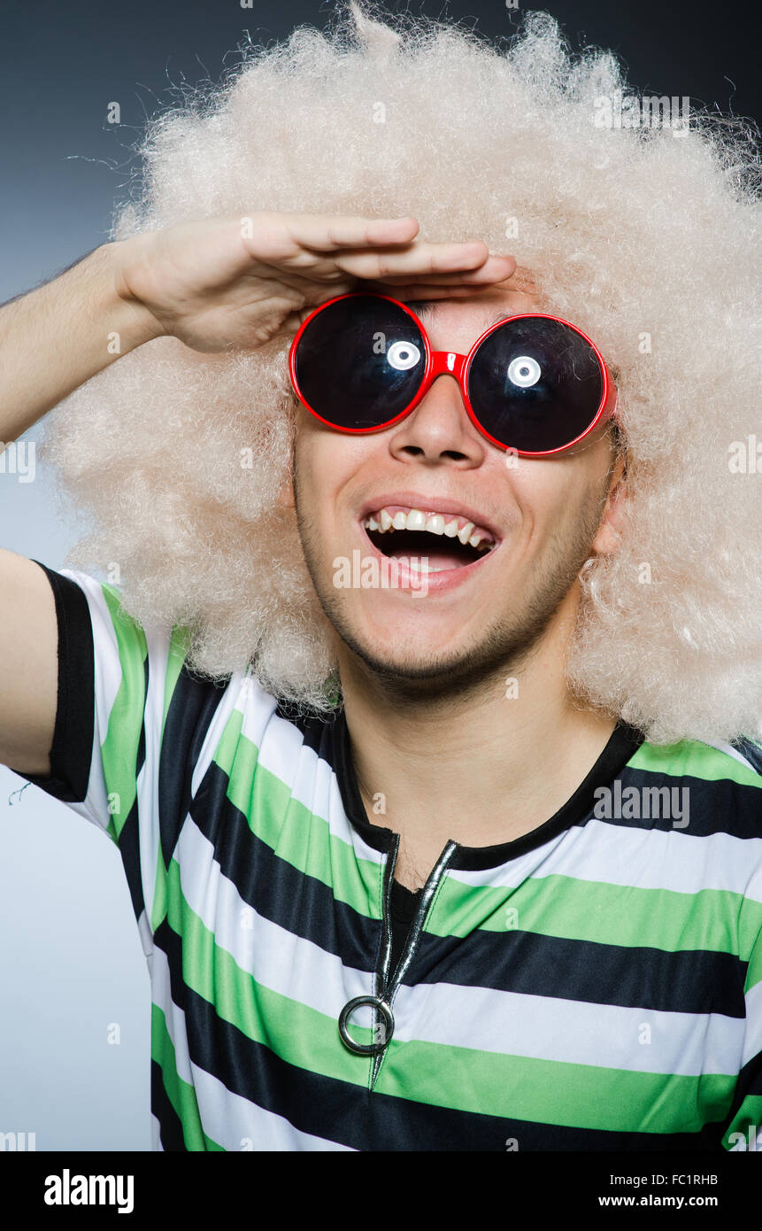Funny man with afro hairstyle isolated on white Stock Photo - Alamy