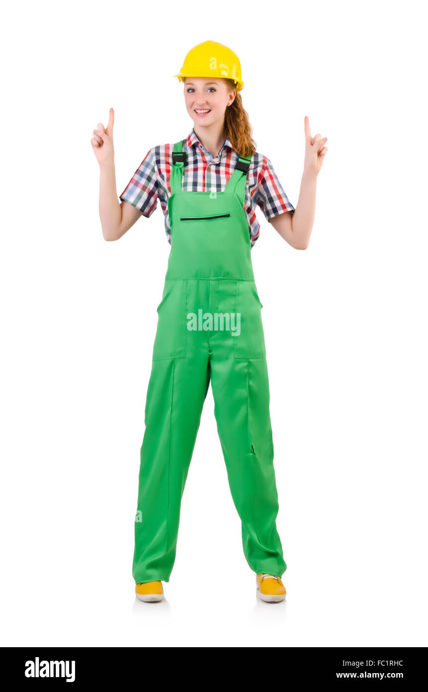 Female handyman in overalls isolated on white Stock Photo - Alamy