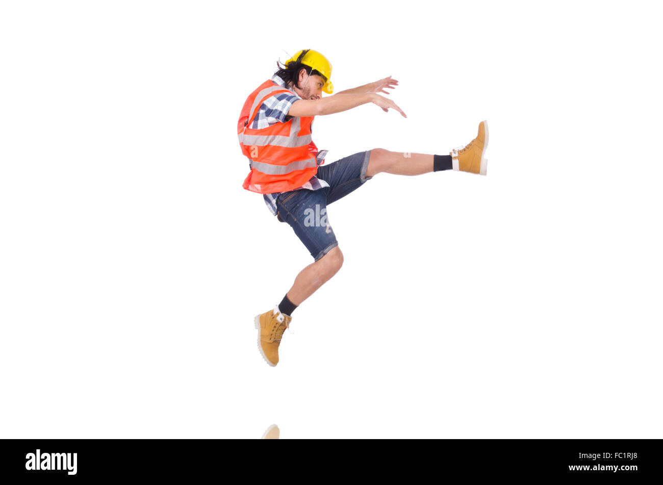Falling young construction worker isolated on white Stock Photo - Alamy