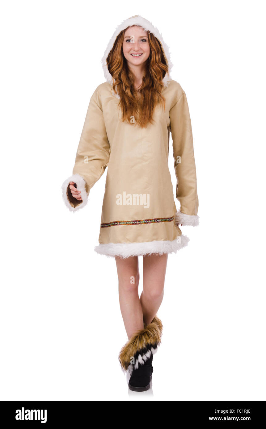 Eskimo girl wearing clothes of all fur isolated on white Stock Photo ...