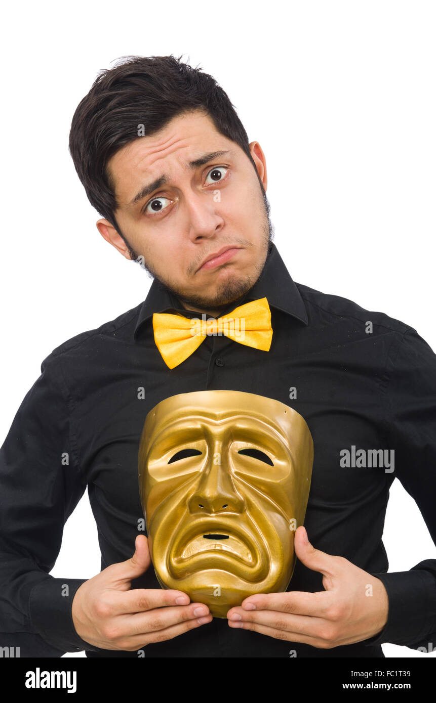 Young man with golden Venetian mask isolated on white Stock Photo - Alamy