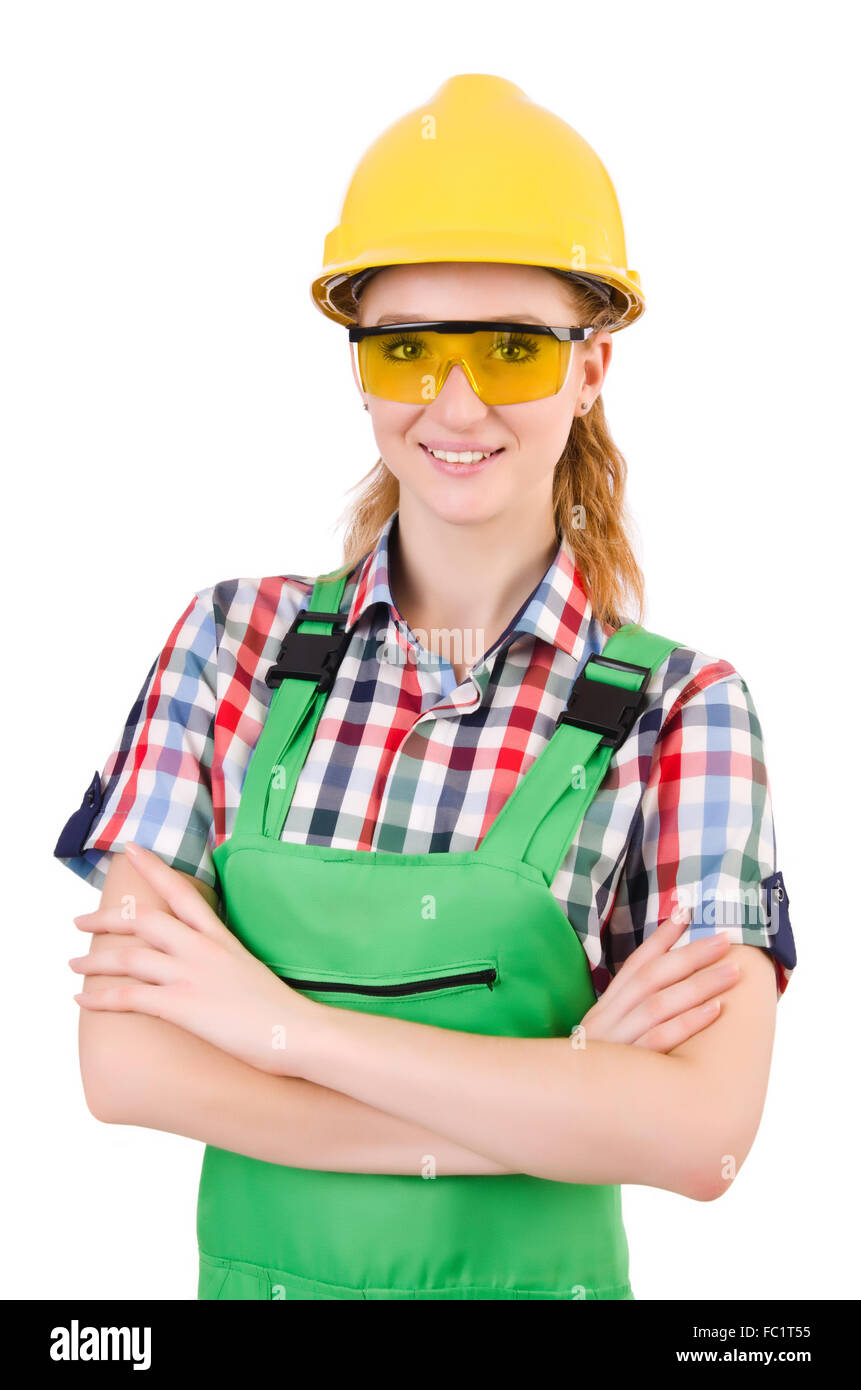 Female handyman in overalls isolated on white Stock Photo - Alamy