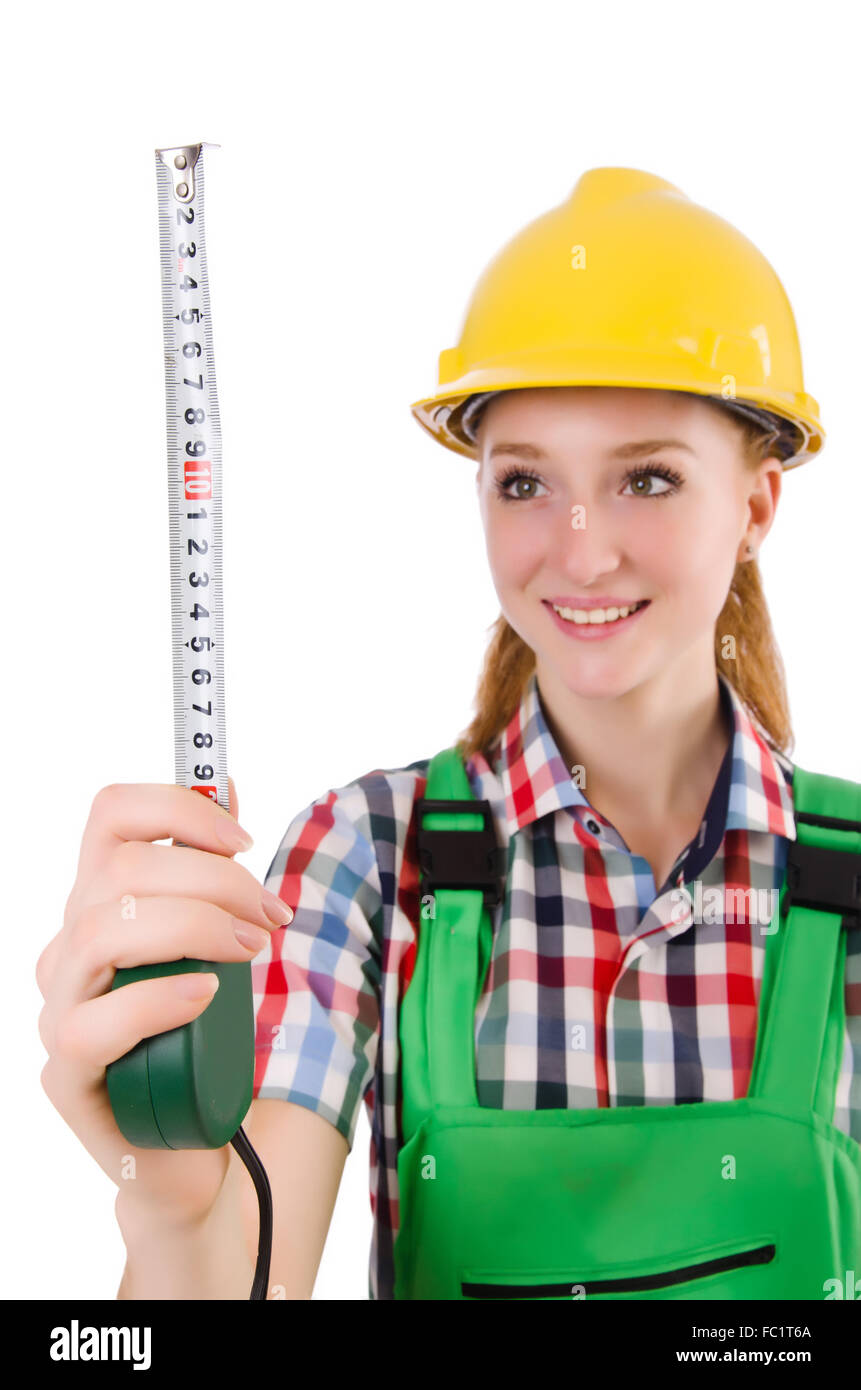 Female handyman in overalls isolated on white Stock Photo - Alamy