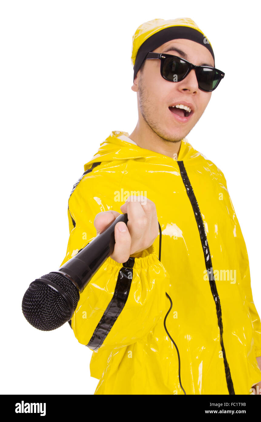Funny performer with mic isolated on the white Stock Photo - Alamy