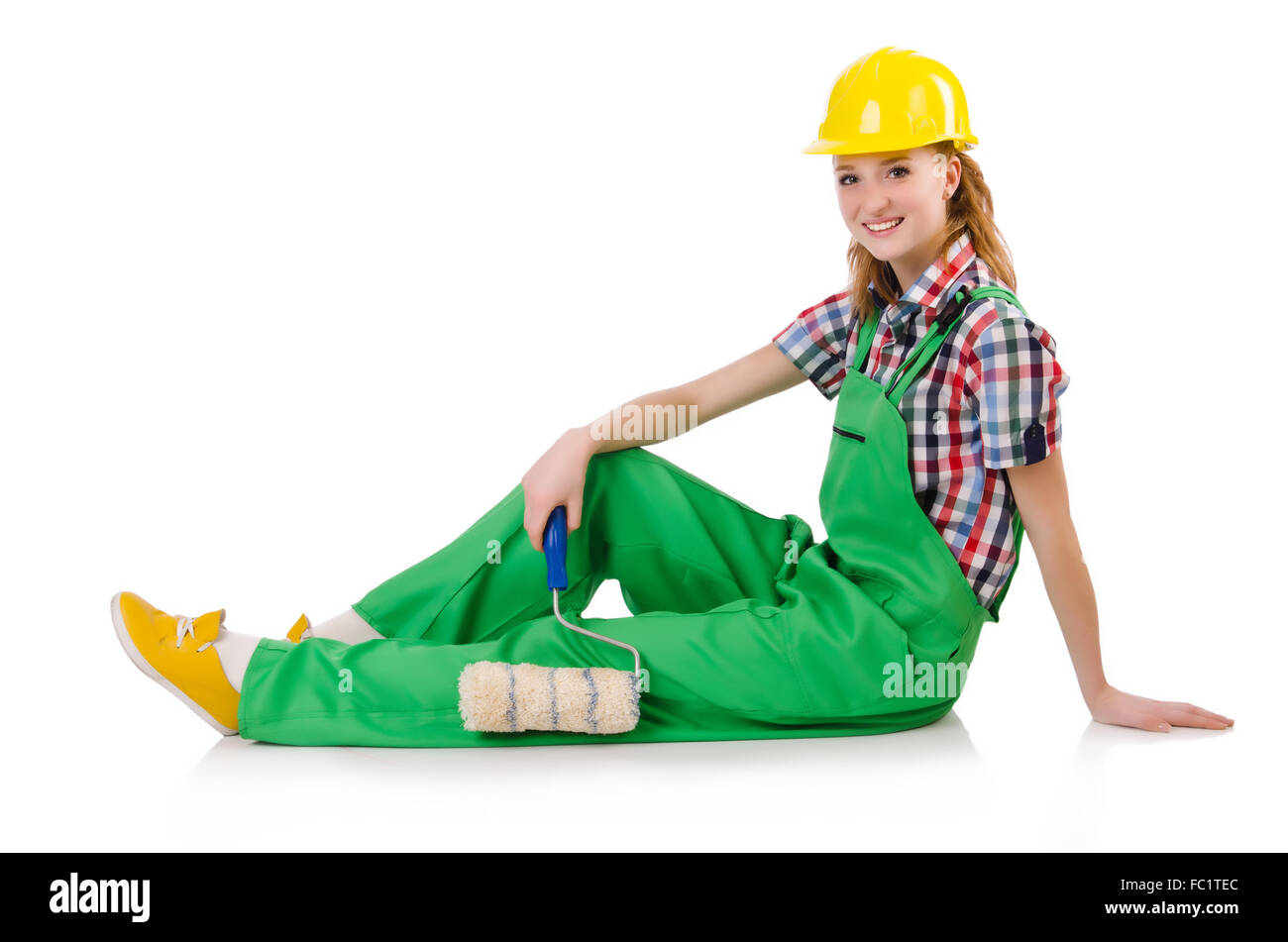 Female handyman in overalls isolated on white Stock Photo - Alamy