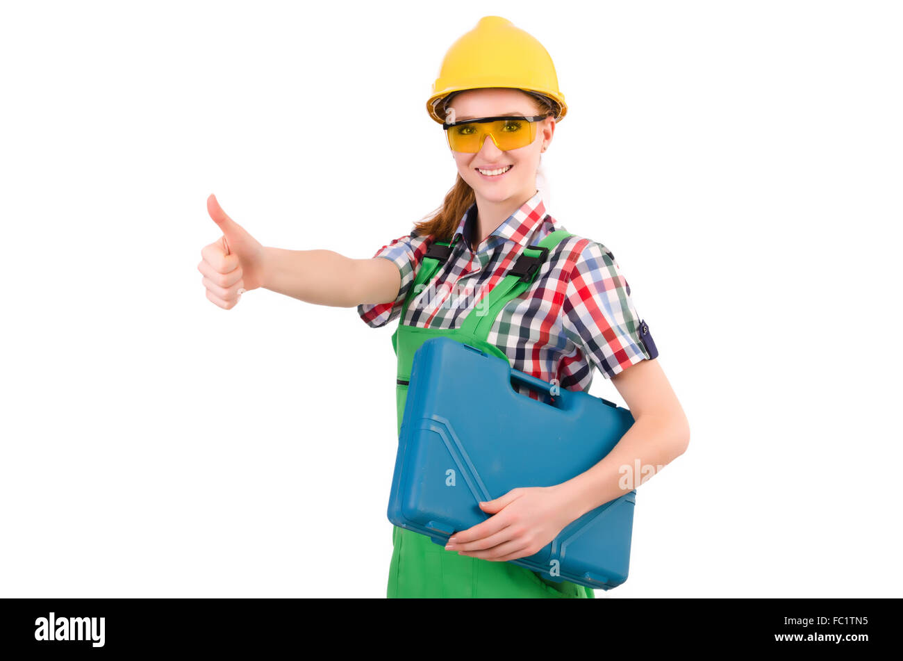Female handyman in overalls isolated on white Stock Photo - Alamy