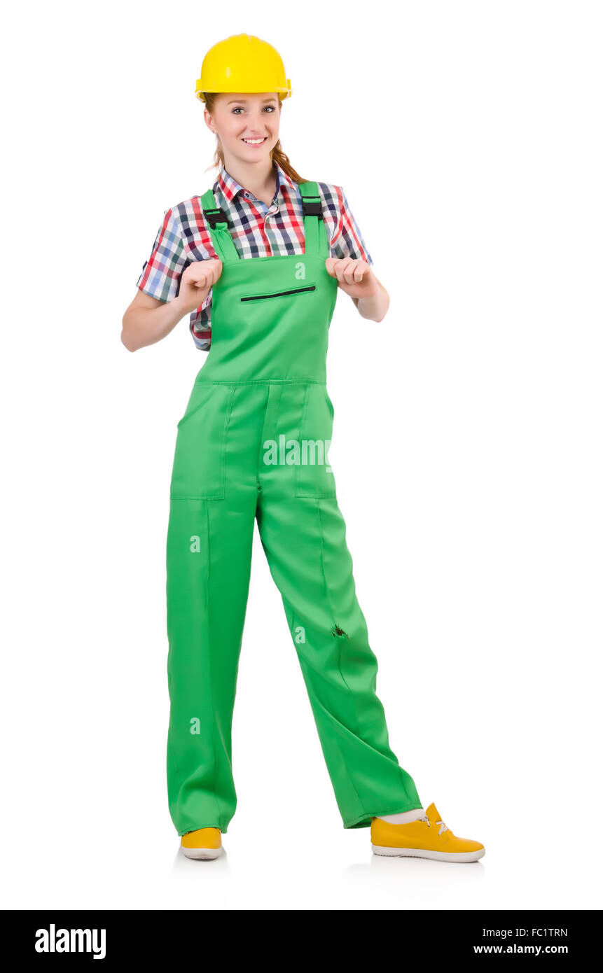 Female handyman in overalls isolated on white Stock Photo - Alamy