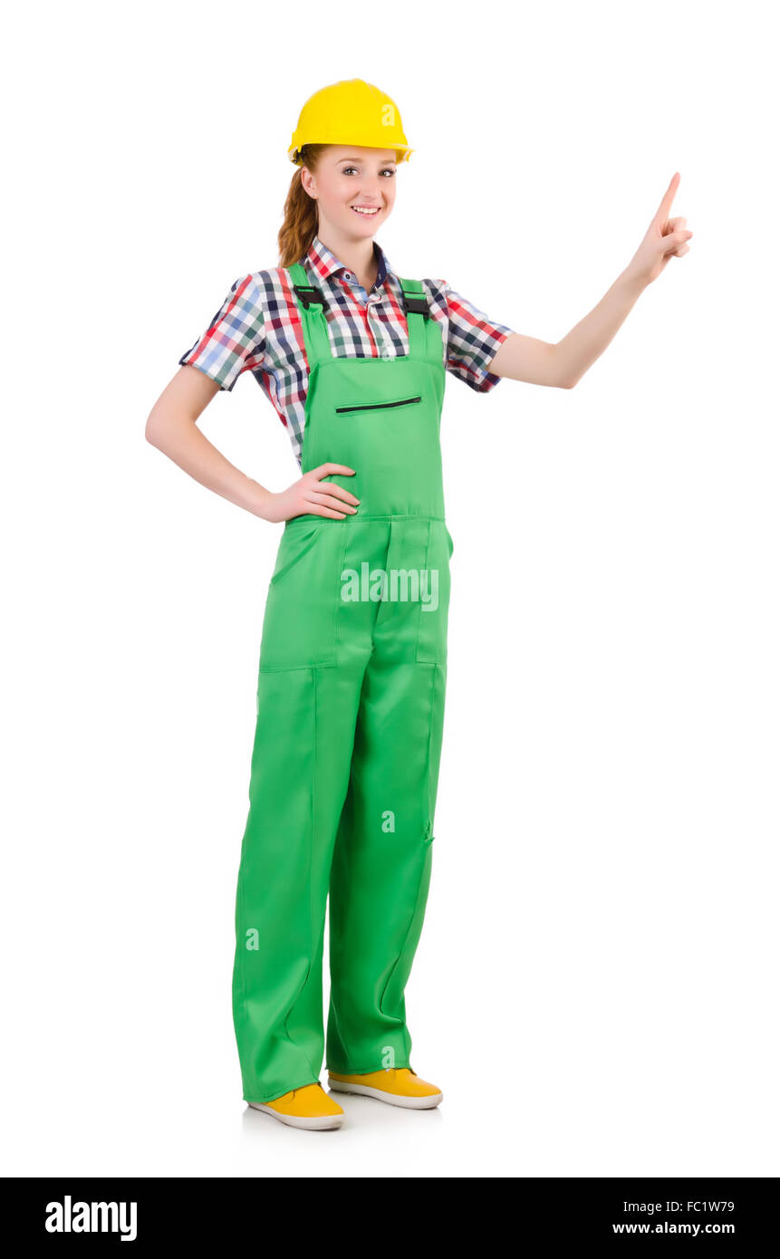 Female handyman in overalls isolated on white Stock Photo - Alamy