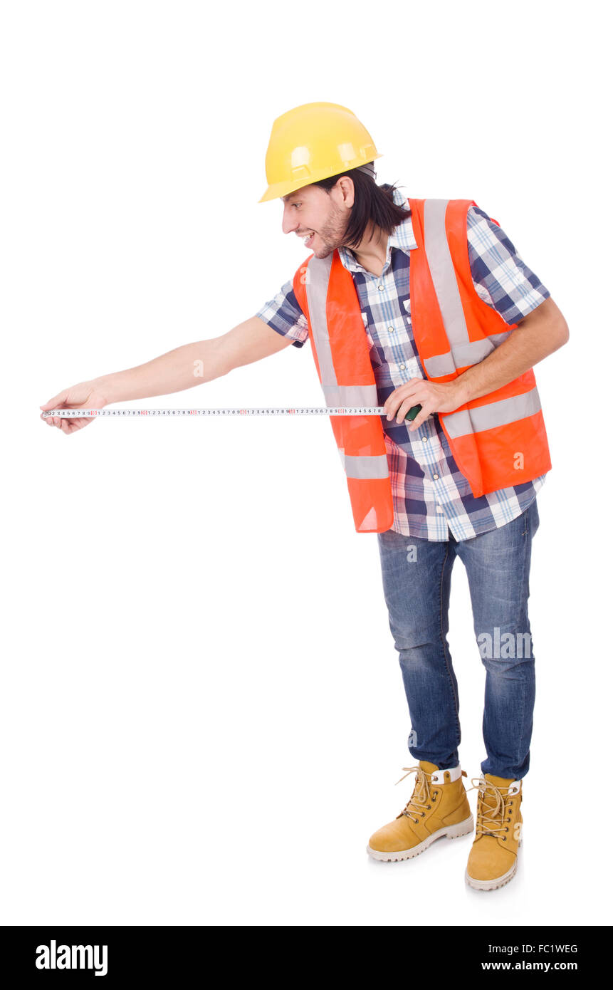 Funny construction worker with tape-line isolated on white Stock Photo ...