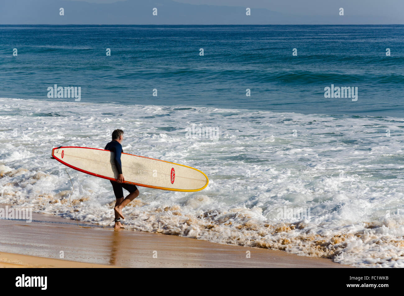 A middle aged Caucasian man with a beard walks into the surf with his ...