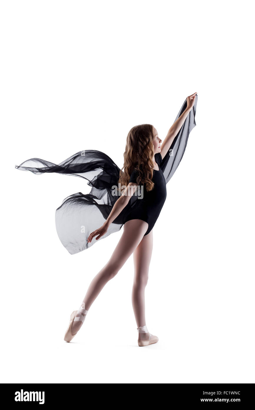 Smiling curly ballerina dancing with cloth Stock Photo - Alamy