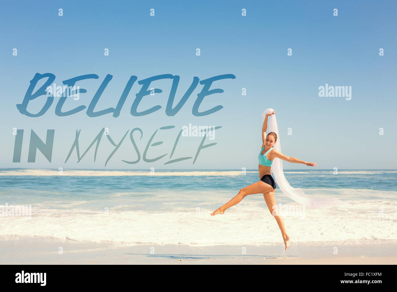 Composite image of fit woman jumping gracefully on the beach with scarf ...